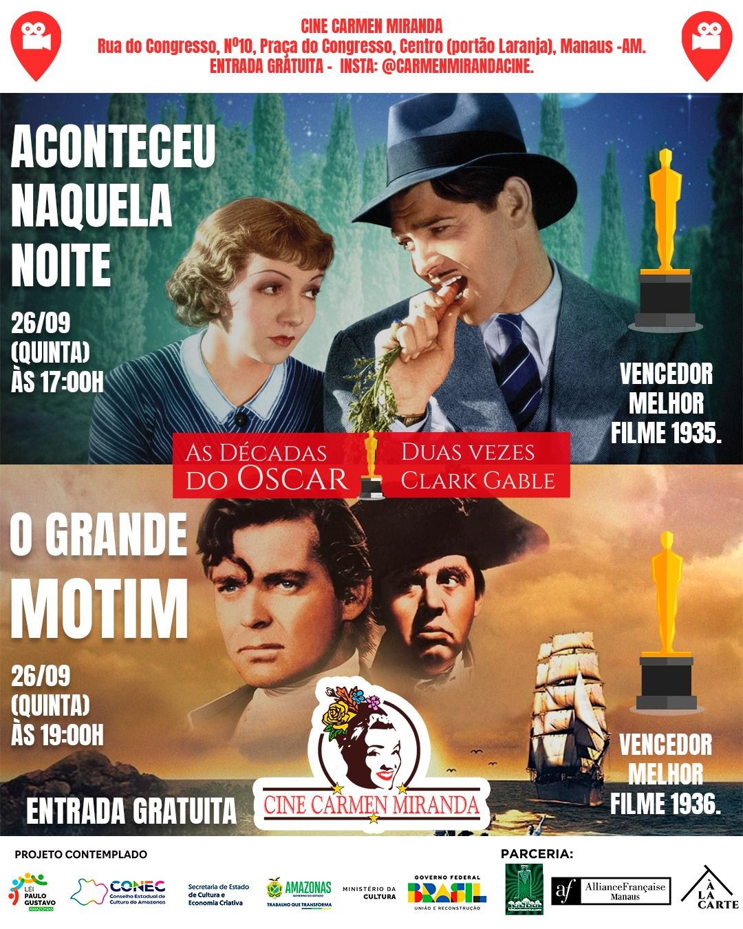 Longas vencedores do Oscar com Clark Gable são a pedida do Cine Carmen ...